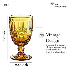 Whole Houseware | Colored Amber Drinking Glasses | Amber Glassware |Pressed Pattern Wine Amber Glass Goblet with Stem for Wedding | Set of 6 | 8.7 Ounce (Amber)