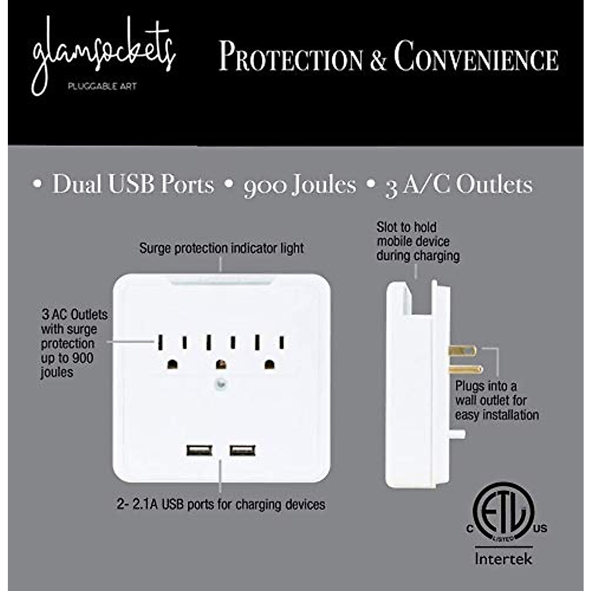 Glamsockets Decorative Wall Mount Surge Protector with 3 Outlets, Dual USB Charging Ports and Phone Holder - USB Charging Center/Multi Function Wall Tap (Carrara Marble)