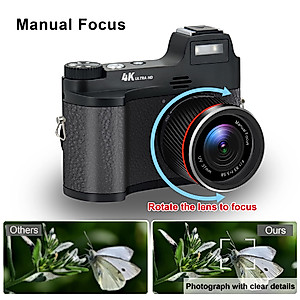 YEEIN 4K Point and Shoot Digital Cameras for Photography and Video, 48MP Anti-Shake Manual Focus Vlogging Camera with 32G Card, 3'' Screen Portable Camera for Beginners