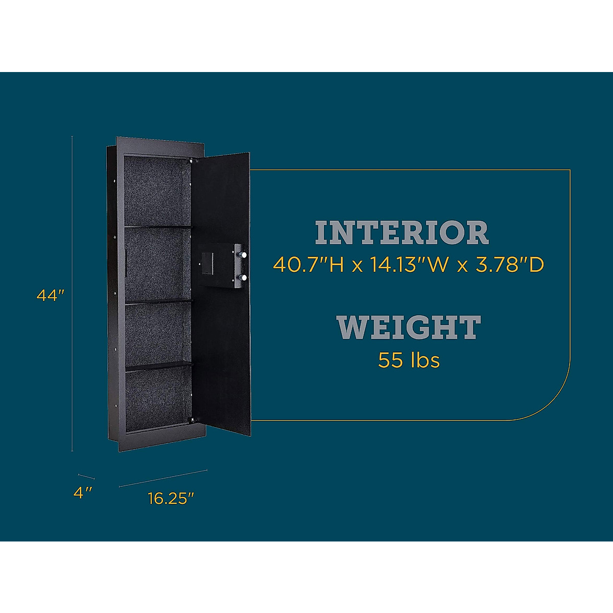 SnapSafe in Wall Long Gun Safe - Secure Heavy Duty Flush Security Safe with Digital Keypad - Use as a Gun Cabinet, Rifle Safe, or Home Safe for Valuables - Installs in Minutes, 44 x 16.25 x 4 Inches