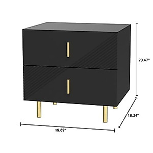 kudikt Black Nightstand with Drawer： Large Nightstand with 2 Drawers Wooden Nightstand for Bedroom Nightstands Black with Gold Adjustable Legs
