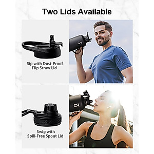 Trebo 64oz Water Bottle Insulated with Straw & 2 Lids,Half Gallon Double Wall Vacuum Stainless Steel Metal Large Jug with Handle,Wide Mouth Flask Mug with Carry Pouch,Keep Cold Hot,Black