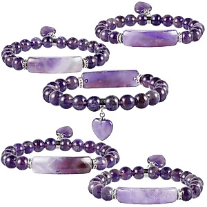 Nupuyai 8MM Amethyst Stretch Bracelets for Unisex, Healing Stone Bracelet with Dangle Heart Charm 7"