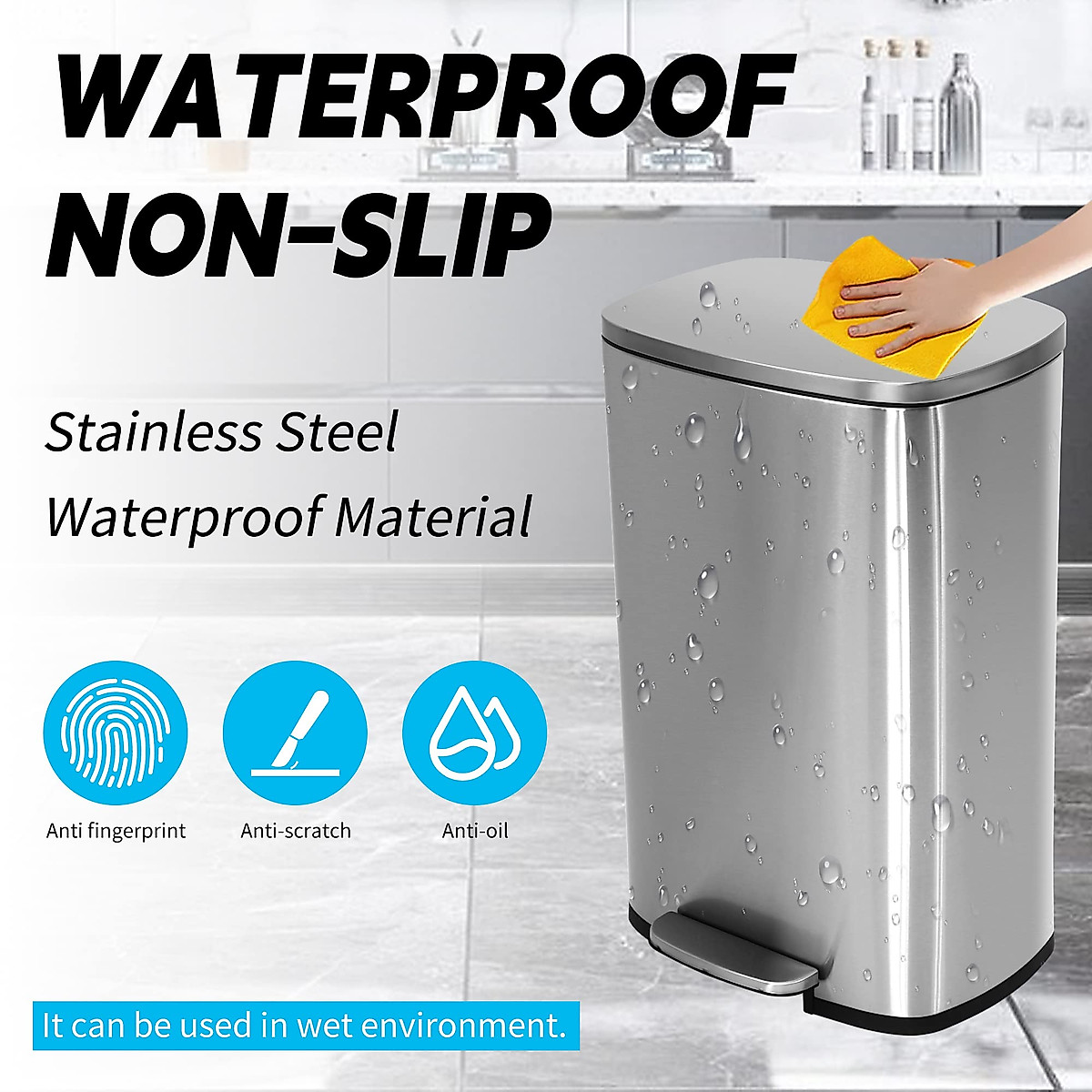 BLKMTY Trash Can 13 Gallon Trash Can Kitchen Trash Cans with Lid Stainless Steel Trash Bin Step Garbage Bin with Inner Bucket Pedal Rubbish Bin for Office Step-Open Steel Garbage Can, Silver