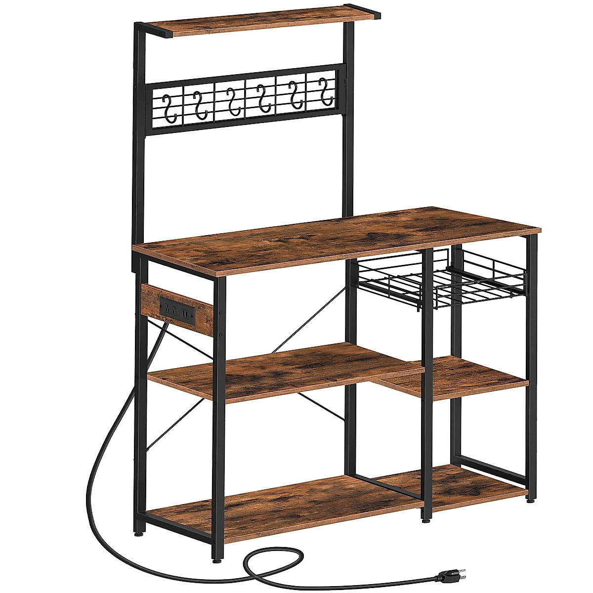 MAHANCRIS Bakers Rack with Power Outlet, Microwave Stand, Industrial Coffee Bar with Wire Basket, Kitchen Storage Rack with 6 S-Shaped Hooks, for Spices, Pots and Pans, Rustic Brown BRHR90E01Z