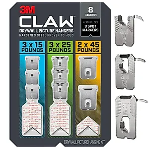3M CLAW 15, 25 and 45 lb. Drywall Picture Hanger Variety Pack With Spot Markers, Heavyweight Hanging Solution for Room Decor and Office Decor, Including Mirrors or Large Art – 8 Pack