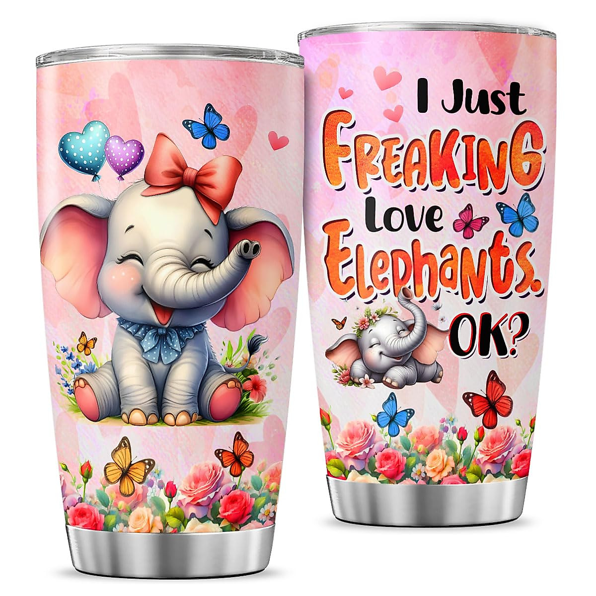 JENOIS Elephant Gifts, Tumbler 20 Oz With Lid And Straw, Floral Flower, Elephant Freaking Love