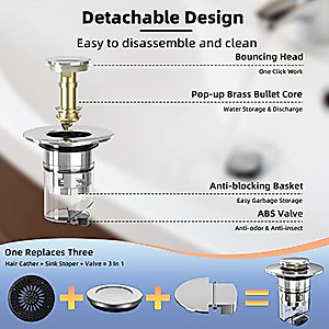 Bathroom Sink Stopper, 3 in 1 Pop Up Kitchen Bathtub Drain Stopper Plug, Sink Strainer for 1.18-1.65", with Shower Drain Hair Catcher Anti-Odor Valve Anti Clogging Bathroom Sink Drain Strainer