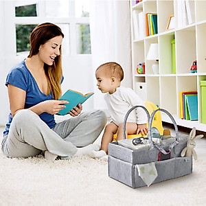 NEENY Baby Diaper Caddy Organizer – Portable Changing Table Storage Basket – Soft Felt Grey Nappy Bag Adjustable Compartments – Wipes Bottle Nursing Home & Car Travel – FREE Cotton Bib & Pacifier Clip