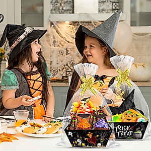 CIEOVO 24 Set Halloween Party Baskets for Gifts Empty with Cellophane Basket Bags Bows, Happy Halloween Market Tray Cardboard Basket to Fill for Halloween Trick or Treat Party Decor