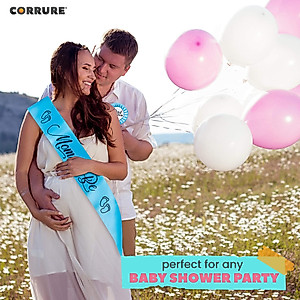 CORRURE Baby Shower Sash and Button Pin for Boy - 'Mom to Be' Sash and 'Dad to Be' Pin with Beautiful Blue Ribbon and Black Glitter Text - Ideal Mom and Dad Gift for Gender Reveal/Baby Shower