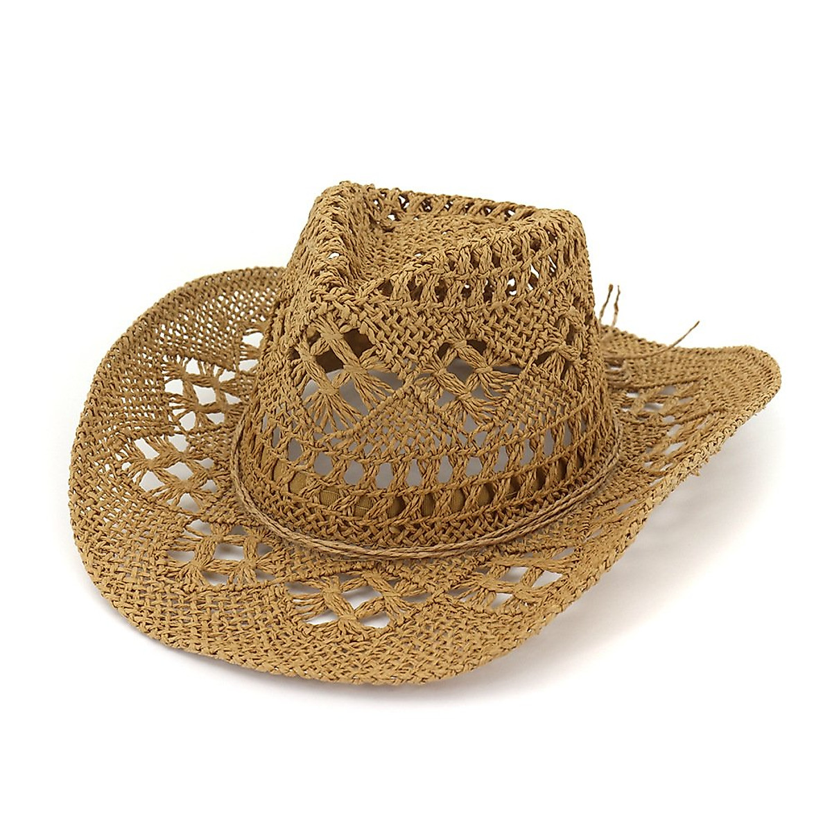Womens Fashion Beach Straw Sun Hat UV Protection Wide Brim Western Cowboys Hand Straw Hats Khaki