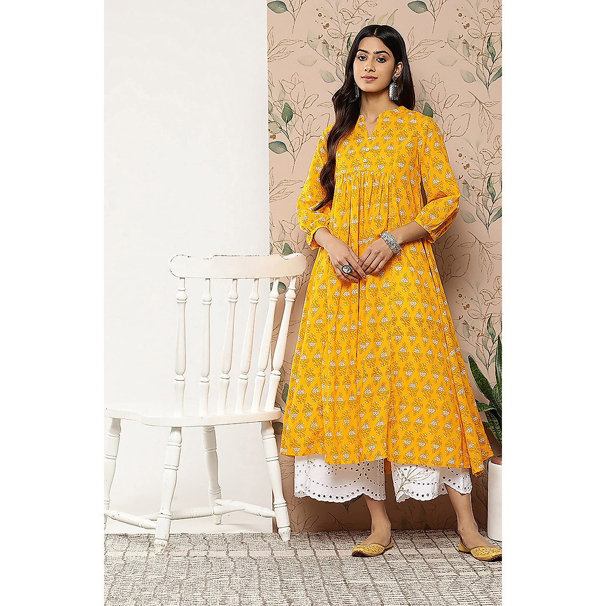 Janasya Indian Women's Mustard Cotton Botanical Printed Flared Kurta