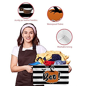 Halloween Storage Basket Waterproof Cube Storage Bin Organizer with Handles, Orange Pumpkin Bat Black White Striped Collapsible Storage Cubes Bins for Clothes Books Toys 15"x11"x9.5"