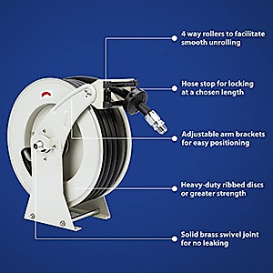 Fuel Hose Reel Retractable with Fueling Nozzle 3/4" x 50' Spring Driven Diesel Hose Reel 300 PSI Industrial Auto Swivel Heavy Duty Steel Construction Reel for Aircraft Ship Vehicle Tank