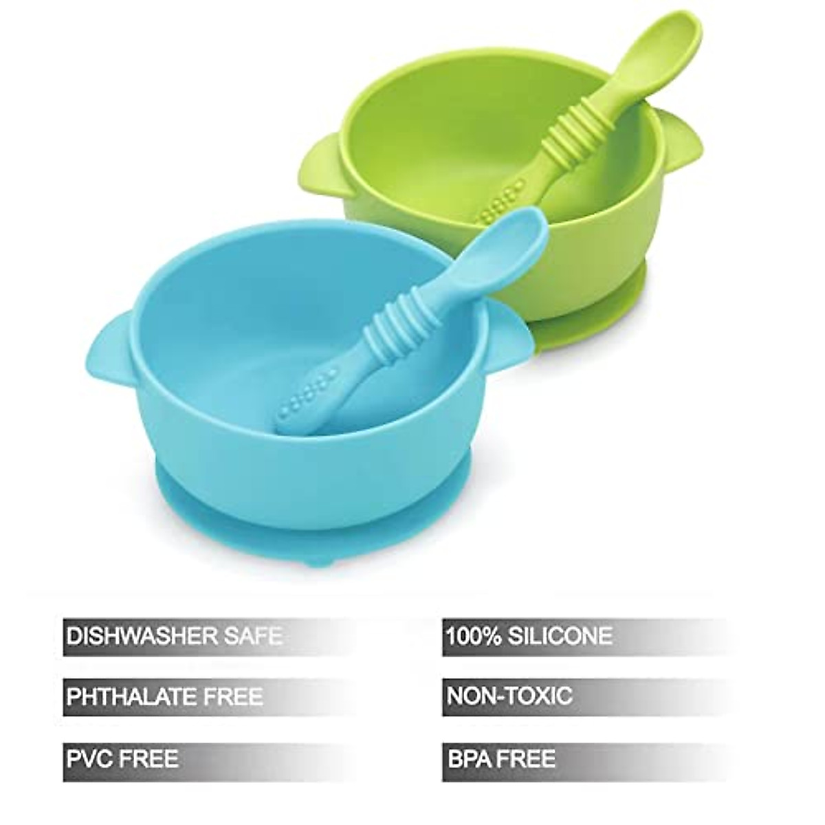PandaEar Set of 2 Silicone Stay Put Suction Bowls | Large Cup Base| Food Grade Soft Safe BPA-Free Silicone | Babies Toddlers Infants | (Blue & Green)