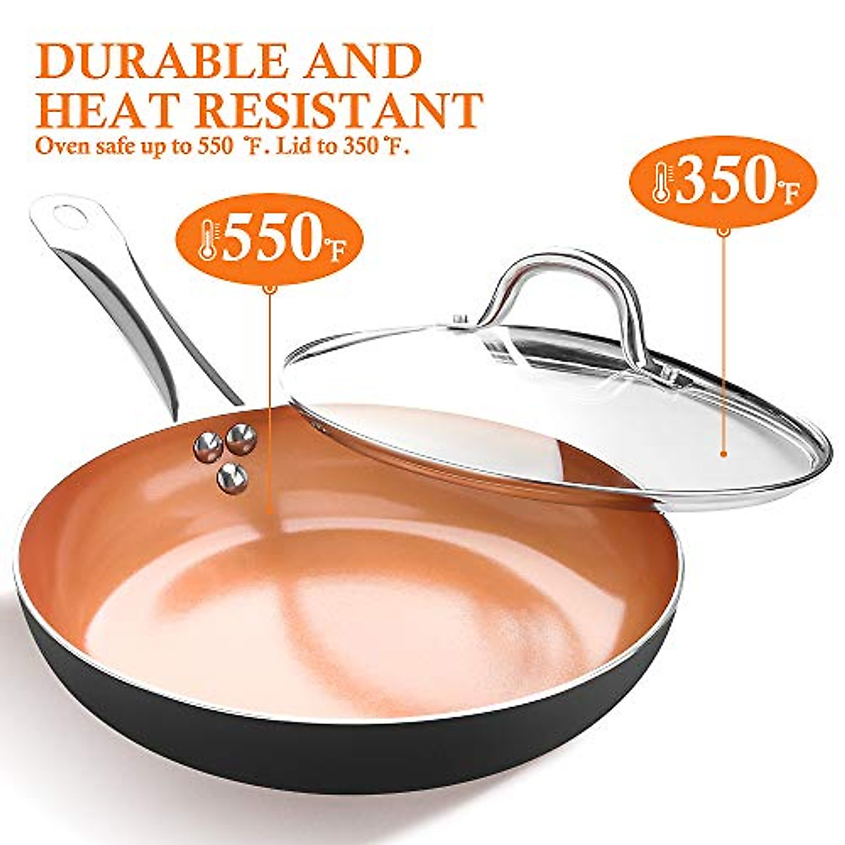 SHINEURI 9.5 inch Copper Nonstick Fry Pan with Lid, Ceramic Omelet Pans for Induction, Gas, Electric & Stovetops, Perfect for 2-3 Person Meal (Black)