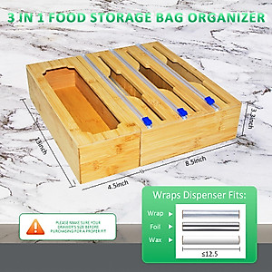 Bikerid Bamboo Wrap Dispenser with Cutter, Plastic Wrap Organizer, Aluminum Foil Organization, and Wax Paper Dispenser Holder for Kitchen Drawer and Wall, Compatible with 12" Roll