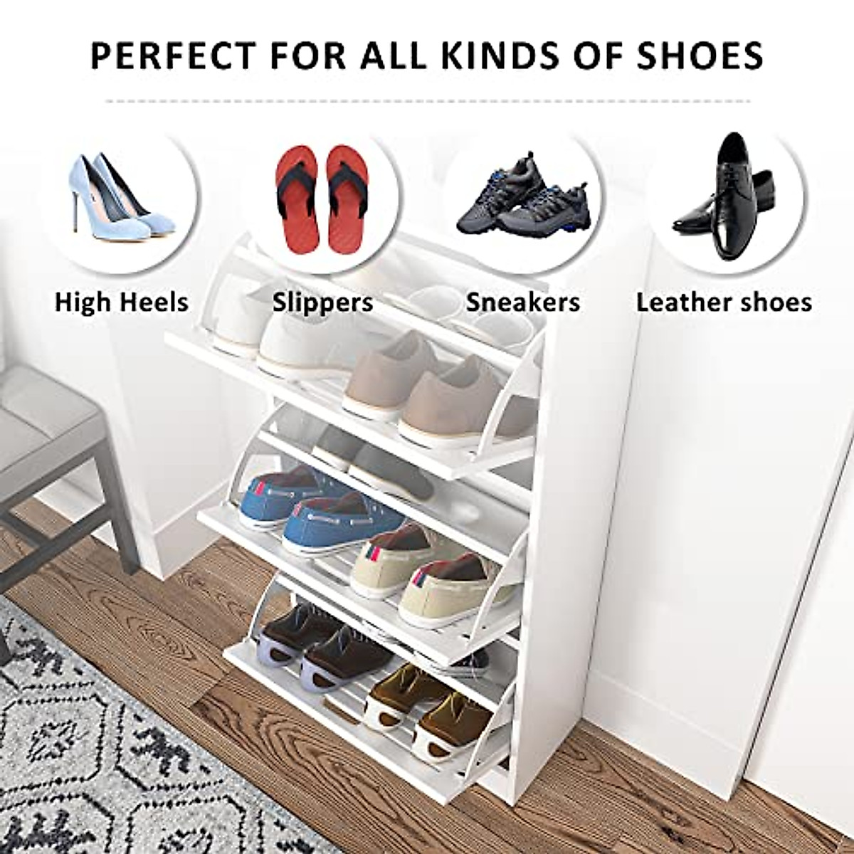 Sweiko Narrow Shoe Cabinet with 3 Flip Drawers Freestanding Shoe Cabinet Organizer with Hidden Handle Wooden Shoe Rack Storage Cabinet for Entryway Hallway Bedroom Living Room White
