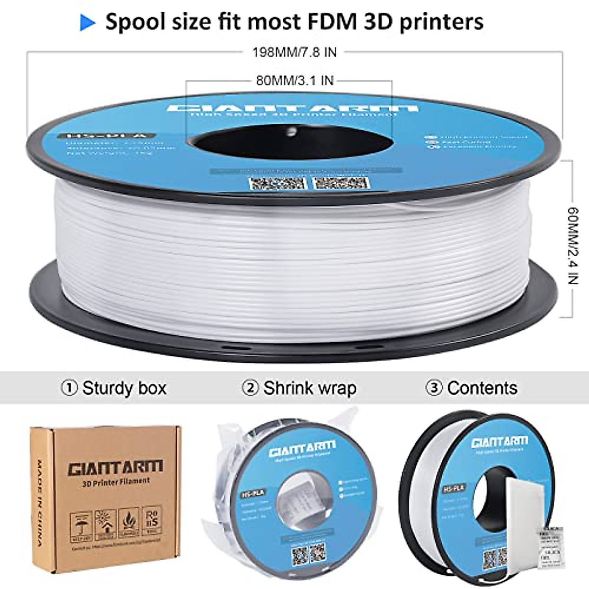 GIANTARM High-Speed PLA Filament 1.75mm, 1kg 2.2lb Spool, Fast Printing PLA for AnkerMake M5/ for Ender 5 S1 3D Printers (White)