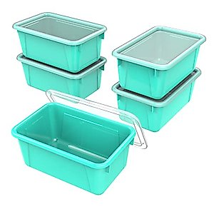 Storex Small Cubby Bins – Plastic Storage Containers for Classroom with Non-Snap Lid, 12.2 x 7.8 x 5.1 inches, Teal, 5-Pack (62412U05C)