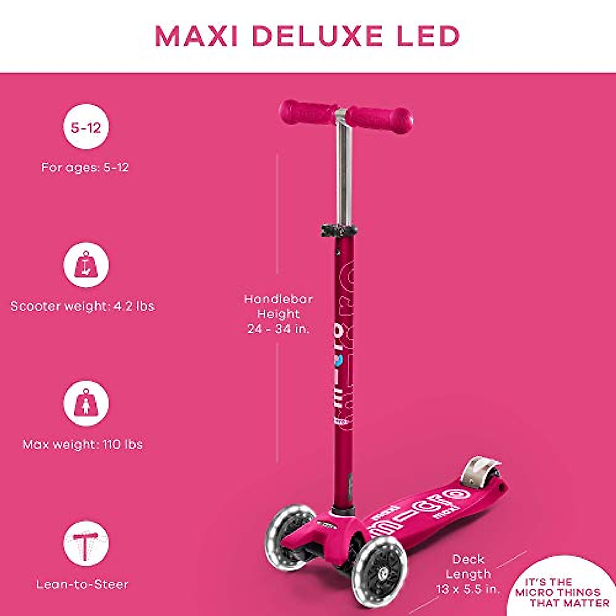 Micro Kickboard - Maxi Deluxe LED - Three Wheeled, Lean-to-Steer Swiss-Designed Micro Scooter for Kids with Motion-Activated Light-Up Wheels for Ages 5-12