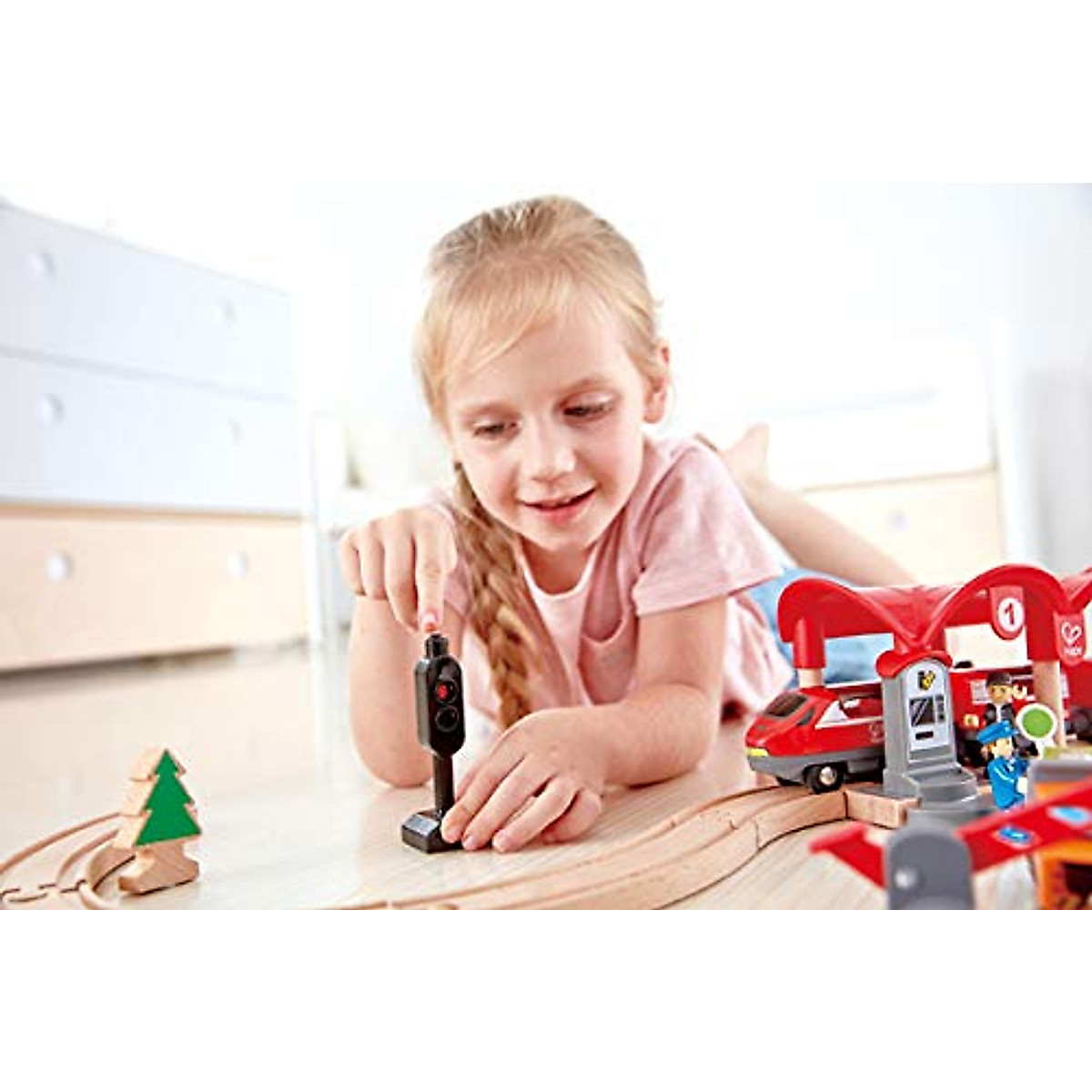Hape Wooden Busy City Train Rail Set| 51 PCs Pretend Play Railway Set for Kids Age 3Y+