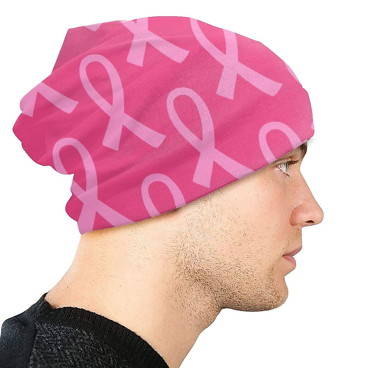 QIUYELONG Breast Cancer Pink Ribbon Pattern Print Slouchy Beanie Cap Knit Hat