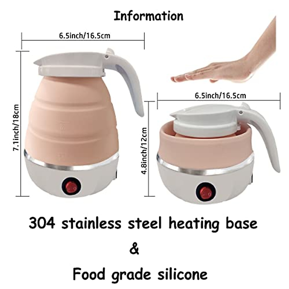 Foldable Portable Electric Kettle with Food Grade Silicone, 9 Mins Fast Water Boiling Tea Pot Coffee Pot for Camping or Travel, Collapsible Kettle with Separable Power Cord 110V US Plug 600ML Pink