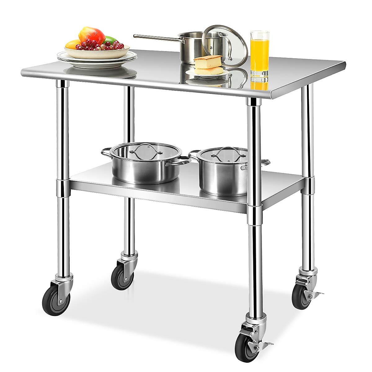 Giantex 36 × 24 Inches Stainless Steel Table w/ 4 Caster Wheels, Commercial Work Prep Table with Adjustable Lower Galvanized Shelf, Heavy Duty Metal Table for Restaurant, Kitchen