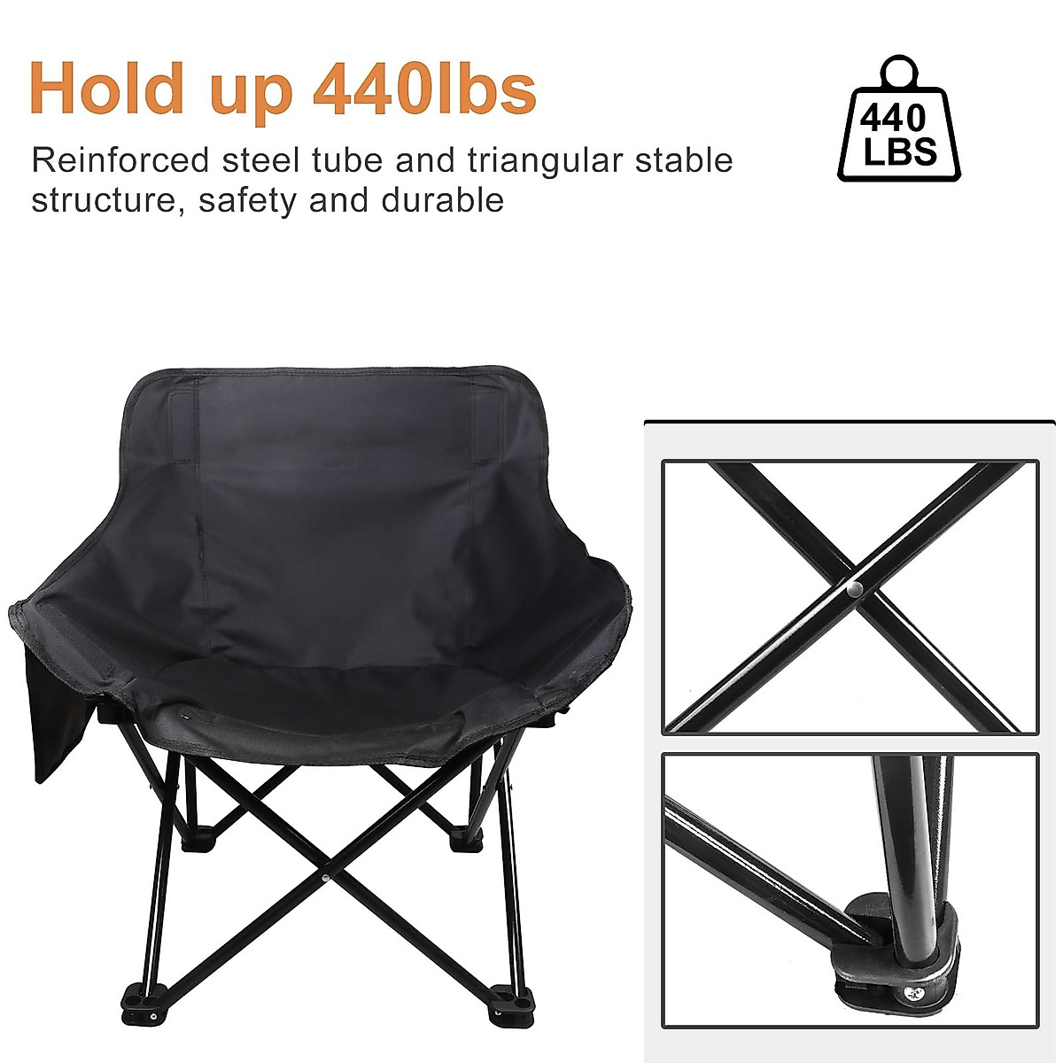 Portable Folding Camping Chair for Outside, Lightweight Outdoor Chairs Support 440lbs for Backyard Lawn Beach Camp Chairs, Black