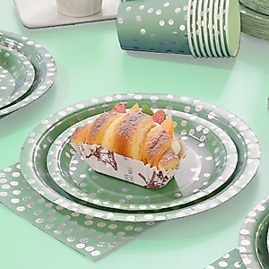 Gudvilla Sage Green Paper Plates-168pcs Sage Green Plates Disposable Party Supplies Serve 24 for Sage Green and Silver Birthday Wedding Baby Shower Party Decorations