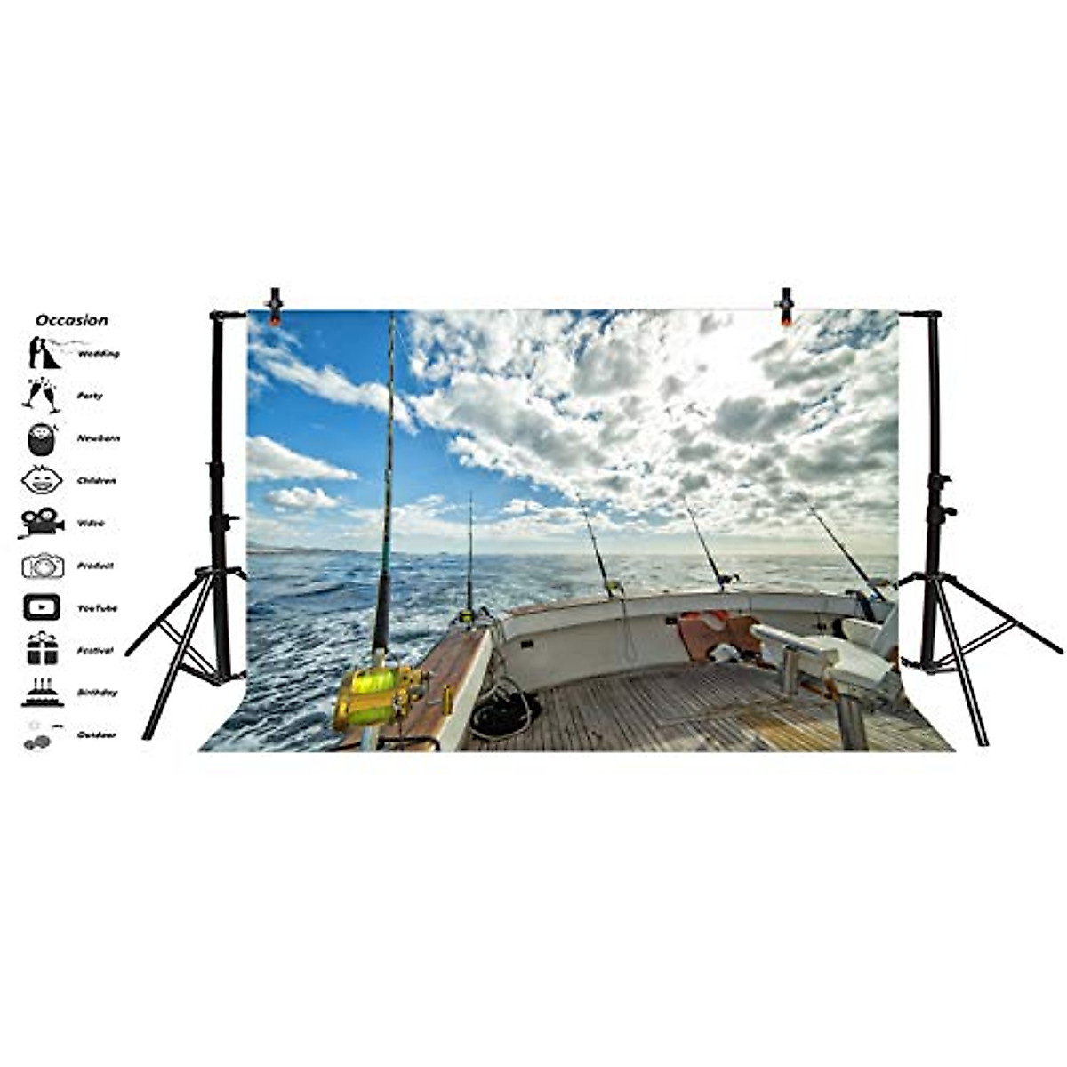 AOFOTO 10x7ft Sea Landscape Backdrop Fishing Boat Fishing Poles Blue Sky White Cloud Photography Background Anglers Vacation Video Displays TV Film Production Studio Prop Video Drape