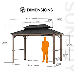 Sunjoy Wooden Grill Gazebo, 8 x 12 ft. Steel Hardtop Gazebo with Solar Power for Year-Round Grilling - 2 Full Size Grills, Griddles or Smokers - Outdoor Cooking Shelter for Backyard BBQs Party, Brown