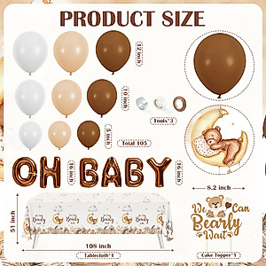 We Can Bearly Wait Baby Shower Decorations, Neutral Teddy Bear Baby Shower with Baby Shower Backdrop Tablecloth Cake Topper Balloon Garland Kit for Cute Bear Gender Reveal Decor