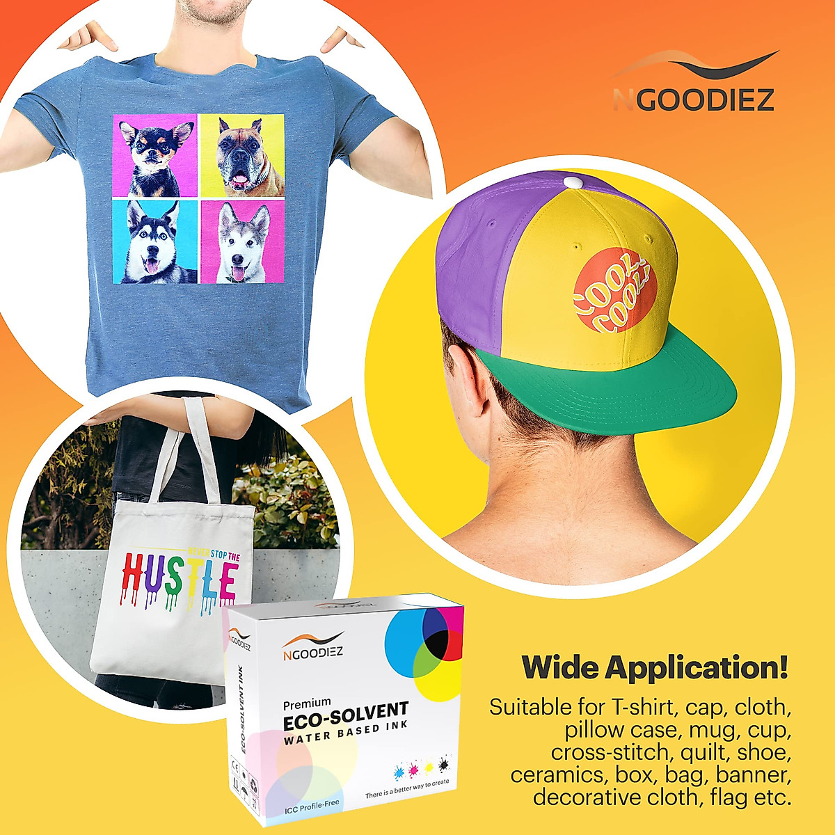 NGOODIEZ Eco Solvent Ink Auto-Fill Water Based Ink, Conversion Kit Refill Ink for Epson EcoTank & Workforce Printers - Ideal for HTV, Vinyl Stickers, Decals, T-Shirts, Mugs (1B/1C/1M/1Y, 4x70ml)