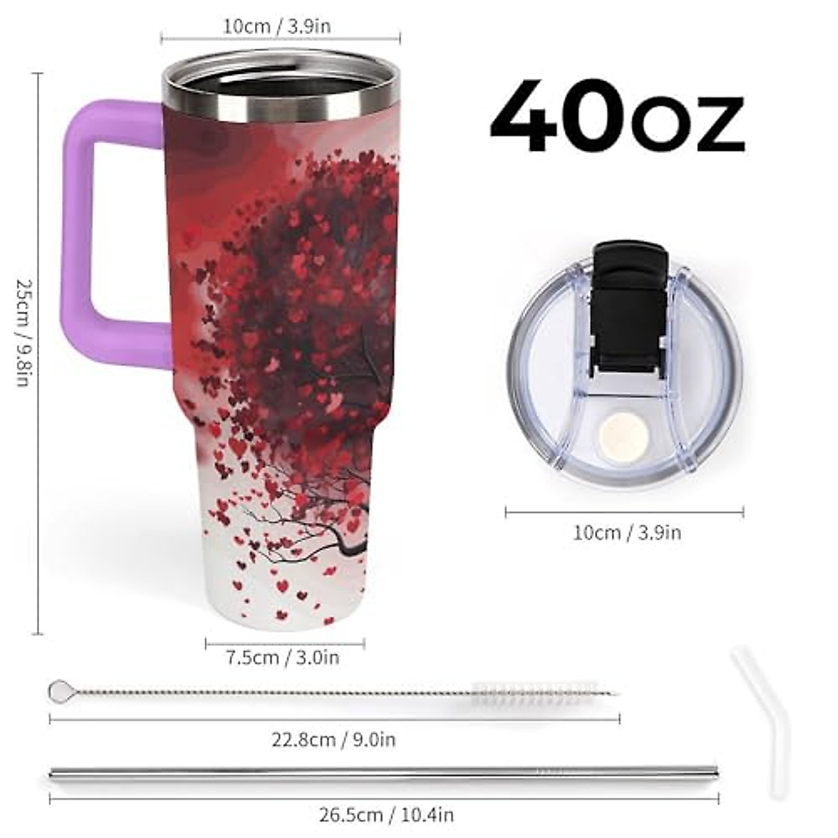 LLUTSNTH 40 Oz Vacuum Tumbler with Violet Handle Leakproof Insulated Tumbler Red Love Heart Tree Stainless Steel Travel Mug with Lid And Straw Coffee Cup Cute Water Bottles Cup Holder Friendly