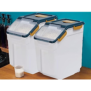 Large Flour Storage Container 25lb, 4Pack Airtight Rice Storage Containers with Wheels, Measuring Cup, Scoop for Flour, Rice, Grain, Cereal, Dry Food Organizer (Dark Blue)