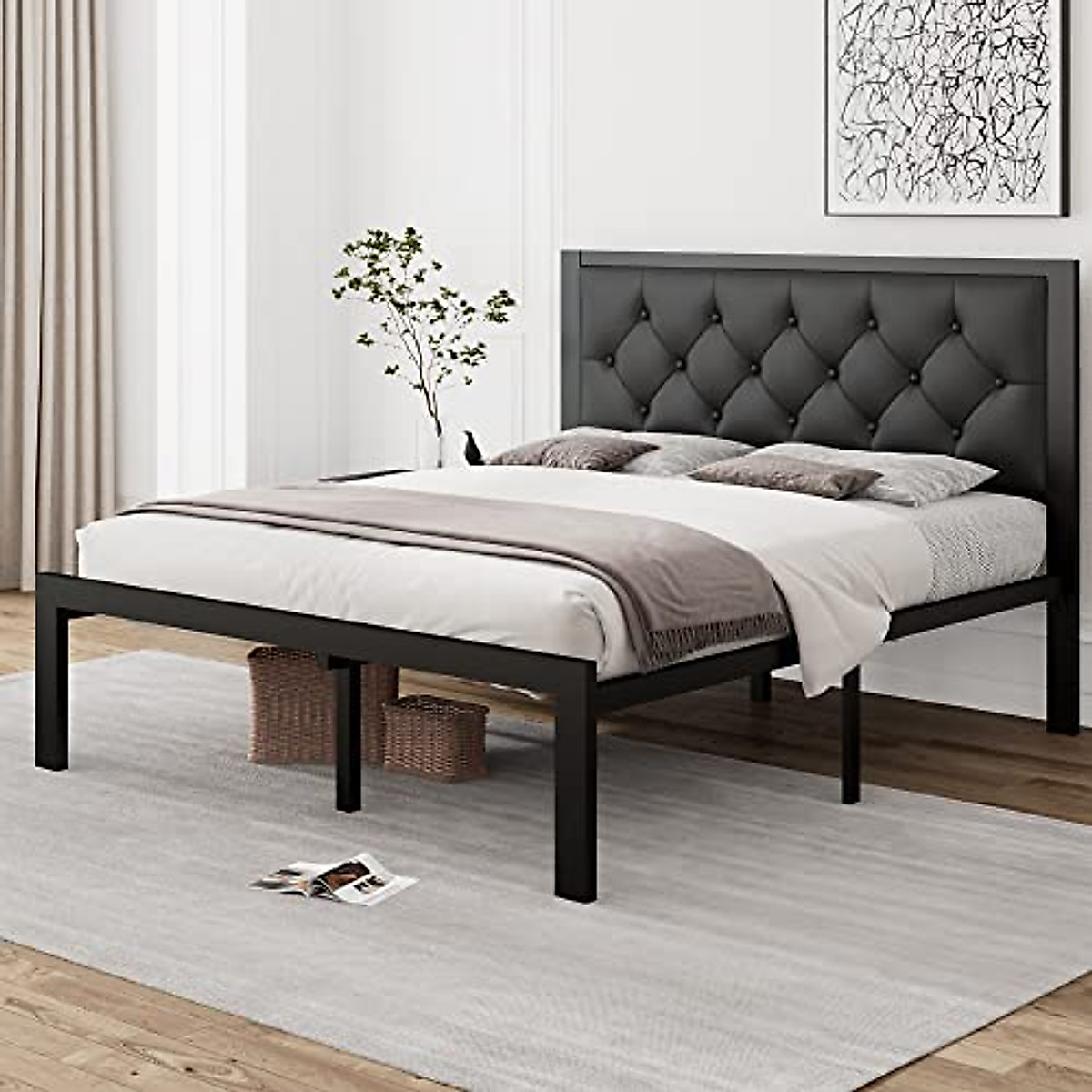 iPormis Full Size Metal Bed Frame with Faux Leather Button Tufted Headboard, 12" Underbed Space, Steel Slats Support, Noise Free, Easy Assembly, No Box Spring Needed, Black