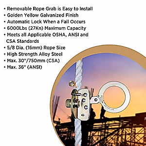 AFP Self-Locking Rope Grab with 2.25 inch Connecting Eye, used with 5/8’’ Lifeline Rope, For Construction, Climbing, Fall-Protection, 310 lb. Capacity (OSHA/ANSI Compliant)