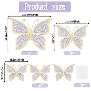 JUIIZAY 3D Large Butterfly Wall Decor Party Decorations 10pcs Purple And Gold For Birthday Baby Shower