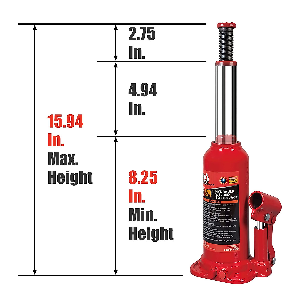 BIG RED T90603B Torin Hydraulic Welded Bottle Jack, 6 Ton (12,000 lb) Capacity, Red