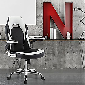 Office Chair, Ergonomic Desk Chair Flip-up Padded Armrests Gaming Chair PU Leather Computer Chair Executive Swivel Task Chair for Working Studying (White, Flip-up armrest)