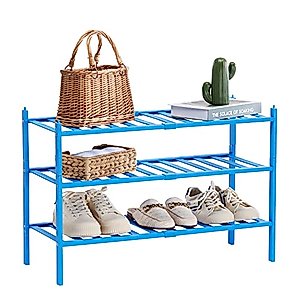 Quiqear Bamboo Shoe Rack, 3 Tier Shoe Rack Organizer, Stackable & Durable Shoe Shelf Holder, Free Standing Shoe Racks, Shoe Storage Organizer for Entryway, Closet, Hallway, 27.2*11*18.3inch (Blue)