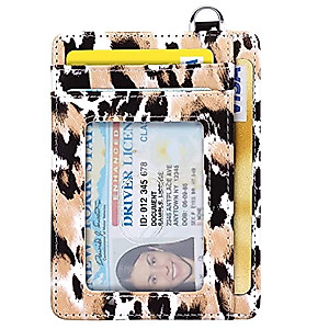 Slim Front Pocket Wallet RFID ID Card Holder Cute Small Wallet with Keychian for Women,Leopard