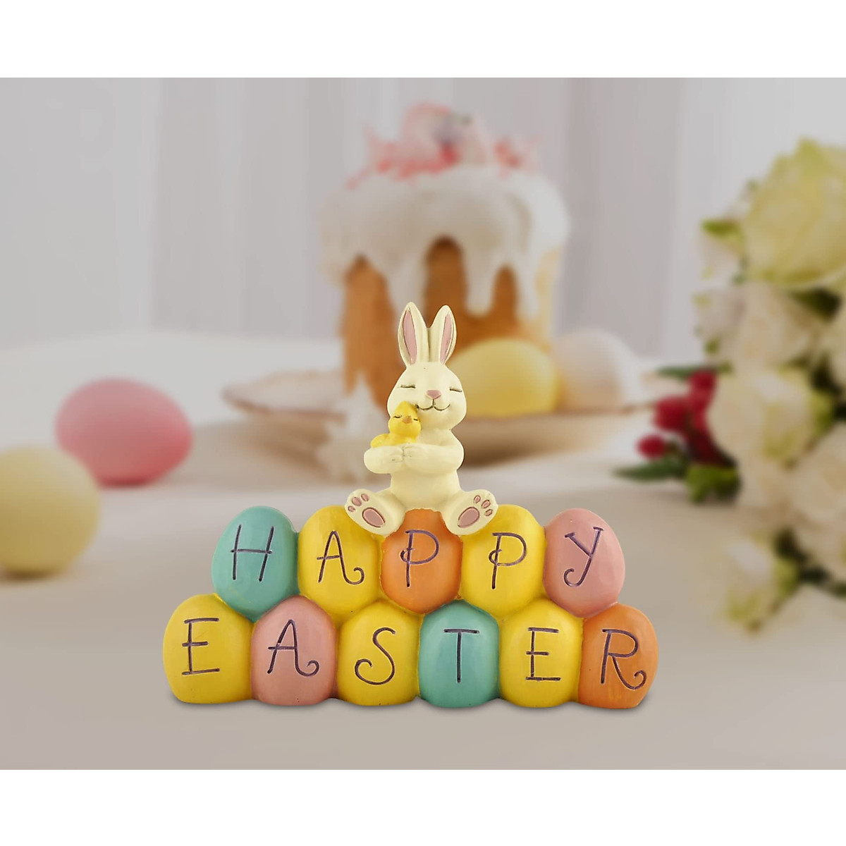 Easter Bunny Figurine Decorations - Hand Painted Sping Rabbit Statue Ornament - Easter Animal Tabletopper Accessories Sculpture for Party,Garden,Home Decorations,4.8 Inch,Polyresin