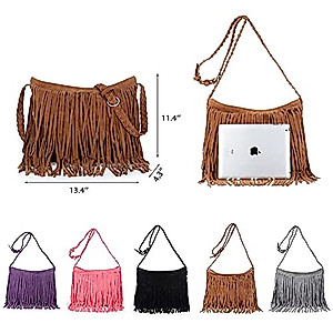 Hippie Suede Fringe Tassel hobo styles retro fashion shoulder Vintage Messenger bag Womens Sling Bag (Black)