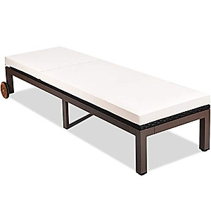 HAPPYGRILL Patio Chaise Lounge Chair Outdoor Rattan Lounger Recliner Chair Adjustable Position Folding Wicker Lounge Chair with Cushion & Wheels for Garden Patio Poolside