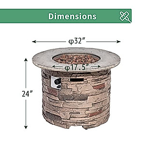 Koncemel Outdoor Propane Fire Pit Table, 32 Inch 40,000BTU Brown Cylinder Concrete Gas Fire Table w Lava Rocks, Cover
