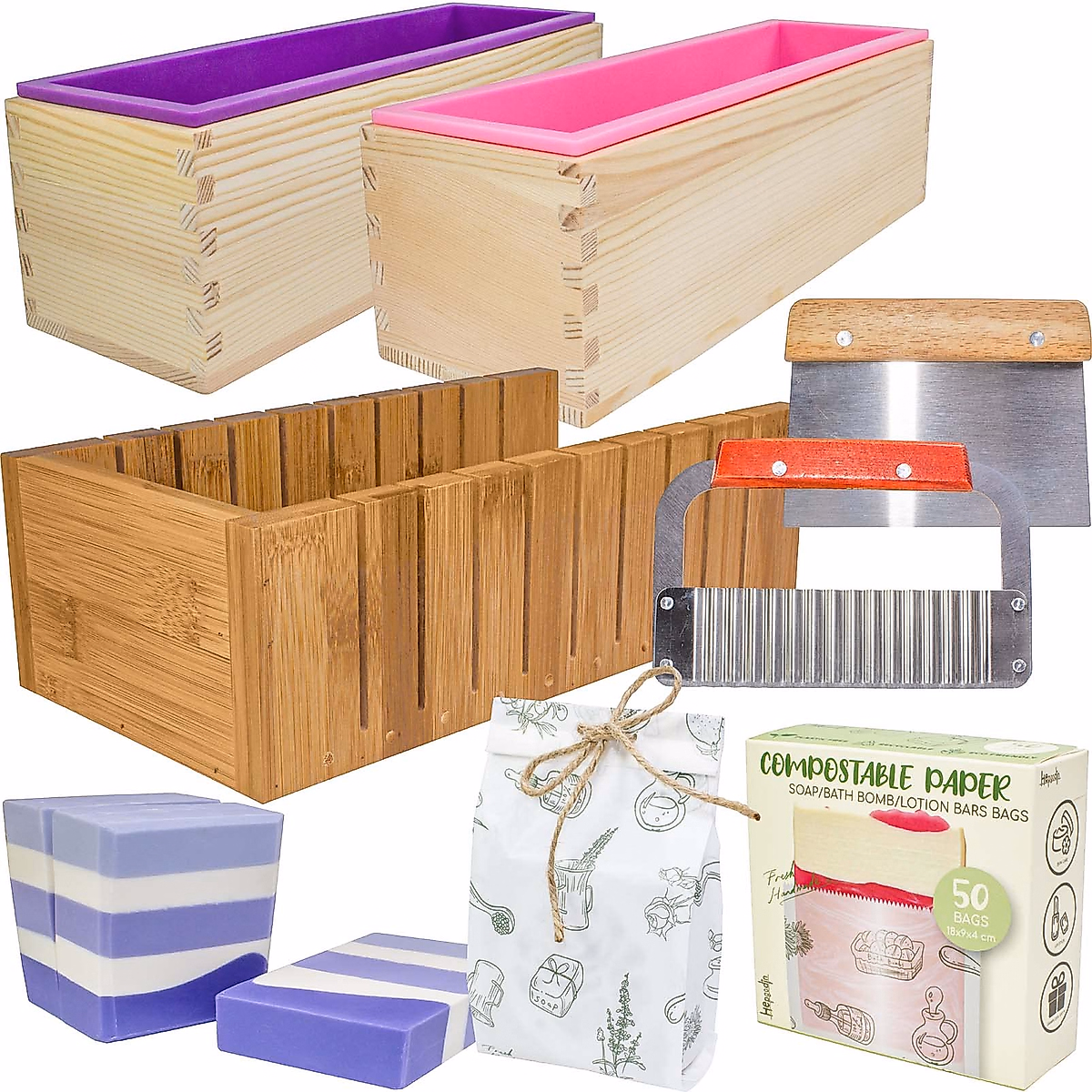 Soap Mold Making Kit with Wooden Cutter Soap Molds Silicone 46oz Purple | Melt and Pour or Cold Process, 50pc Soap Packaging Paper Bags and Slicer | Gift for Wife Women Housewife Soaper